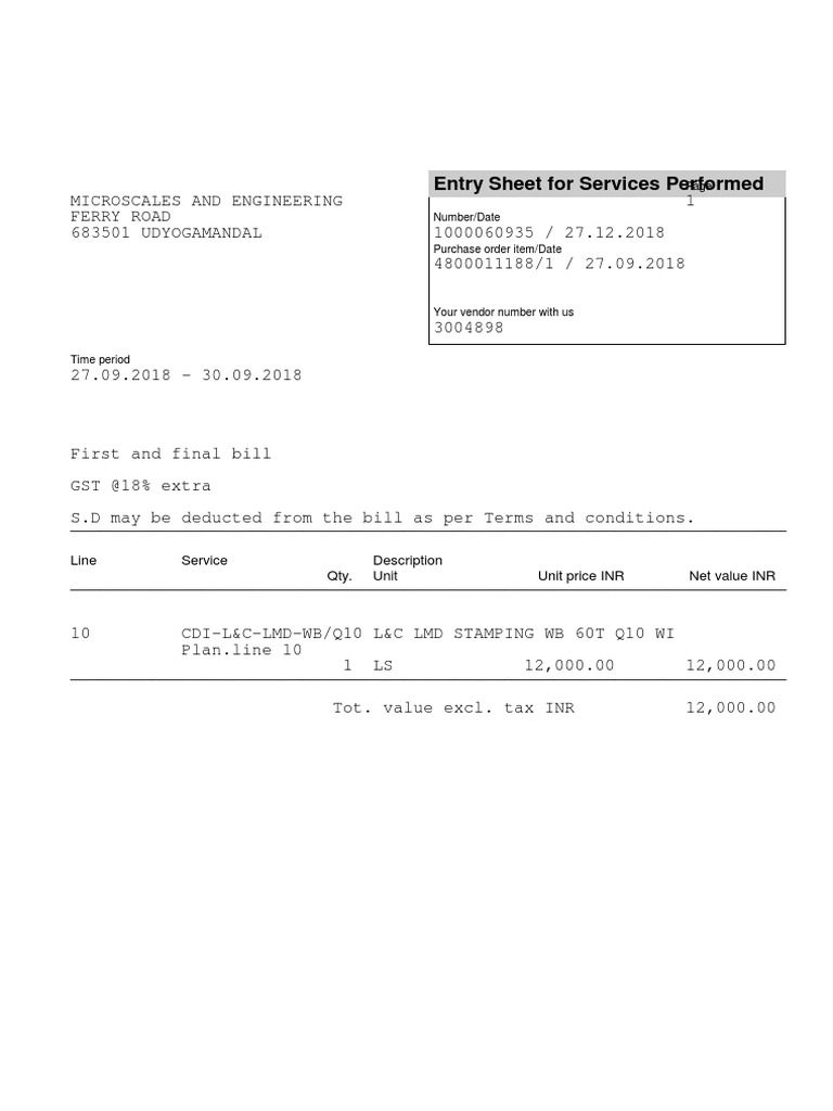 Entry Sheet For Services Performed: Line Service Description Qty. Unit ...