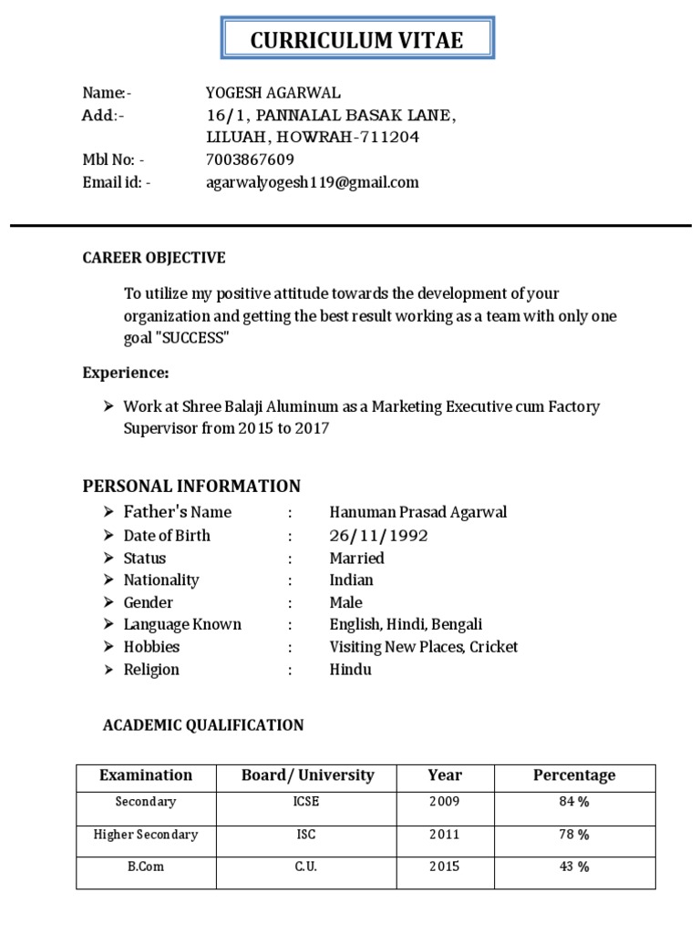 Curriculum Vitae: Career Objective | PDF