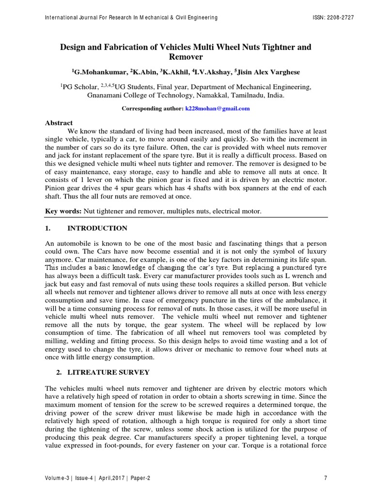 Design and Fabrication of Vehicles Multi Wheel Nuts Tightner and ...
