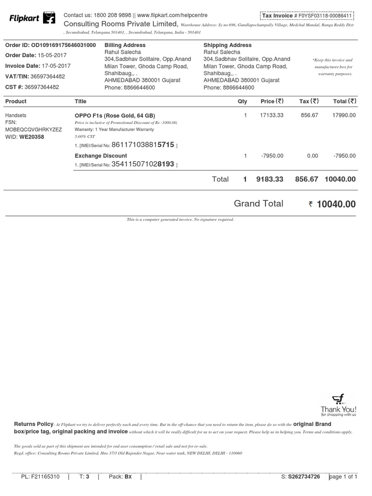 Tax Invoice for the Purchase of an OPPO F1s Smartphone with Exchange ...