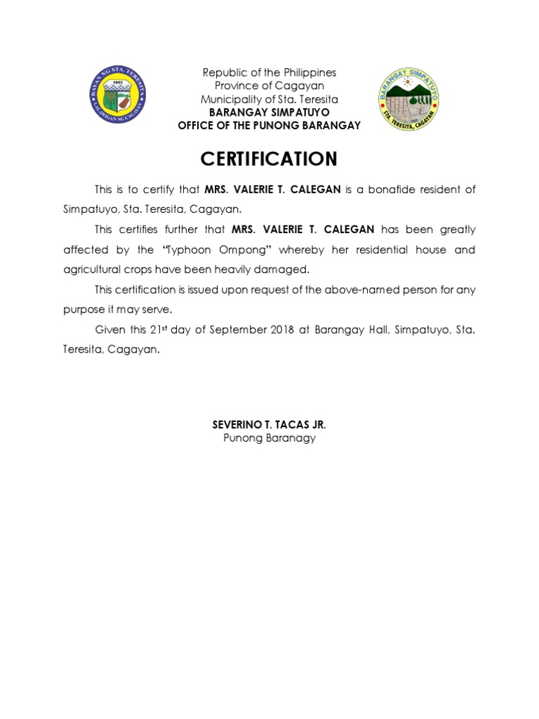 Certification of Typhoon Damage | PDF