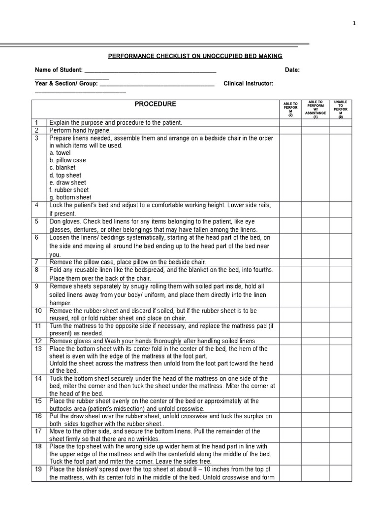 Performance Checklist On Unoccupied Bed Making | PDF | Bed | Bedding