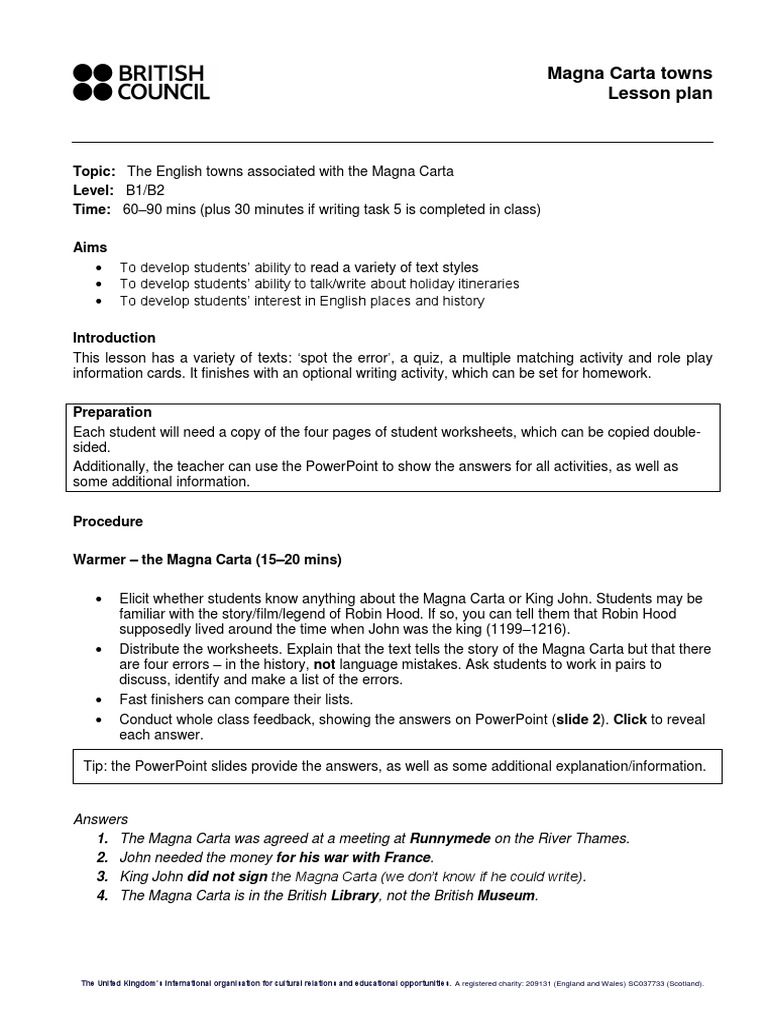 Magna Carta Towns Lesson Plan 0 | PDF | Magna Carta | Homework