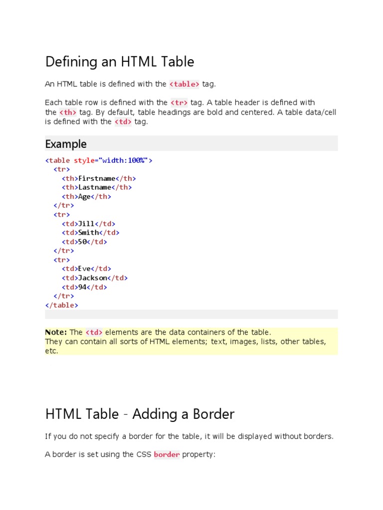 Defining An HTML Table | PDF | Html Element | Office Software