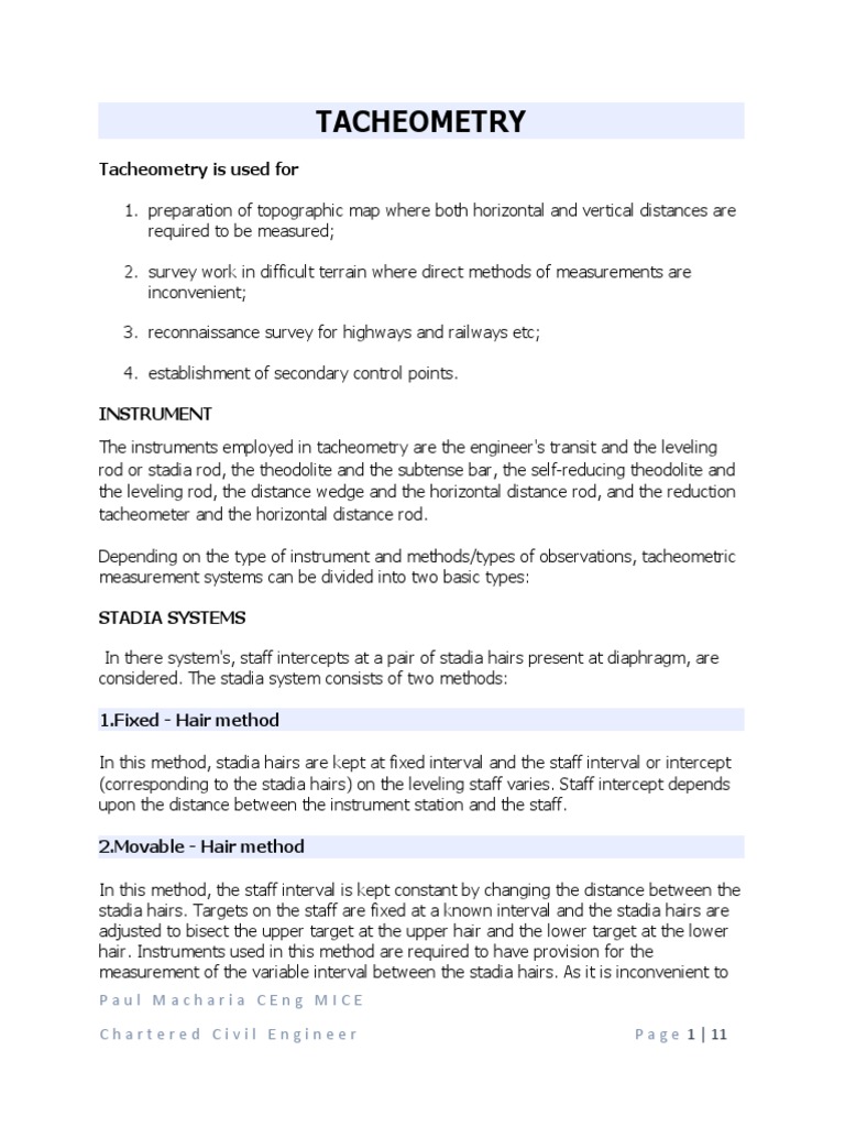 Tacheometry: Tacheometry Is Used For | PDF | Surveying | Scientific ...