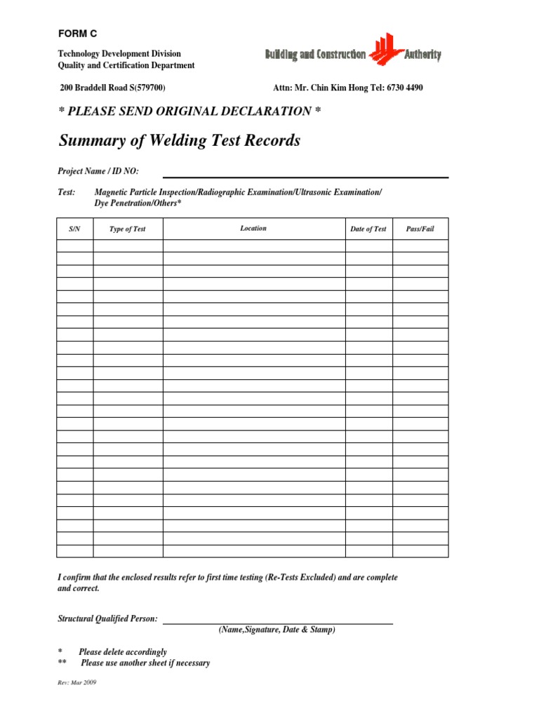 Summary of Welding Test Records: Please Send Original Declaration | PDF