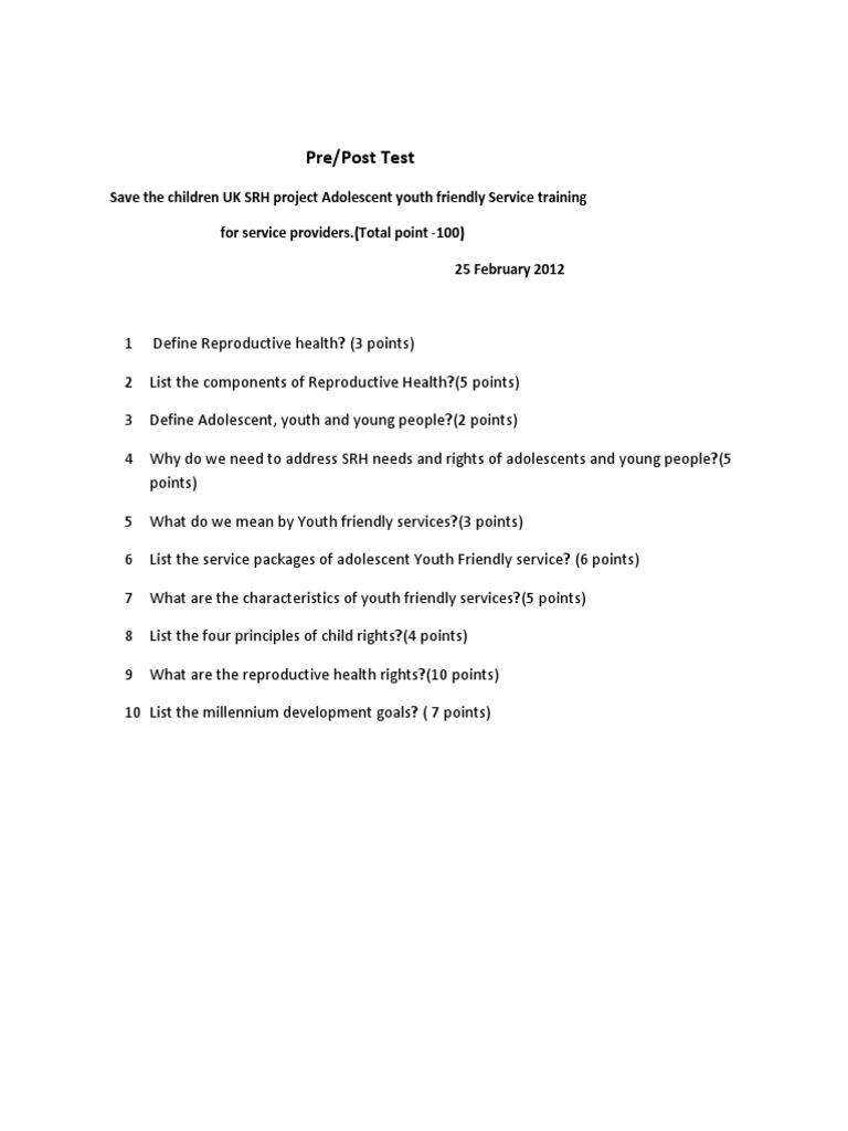 Pre Test Exam On Adolescent Youth Friendly Service For Health Workers | PDF