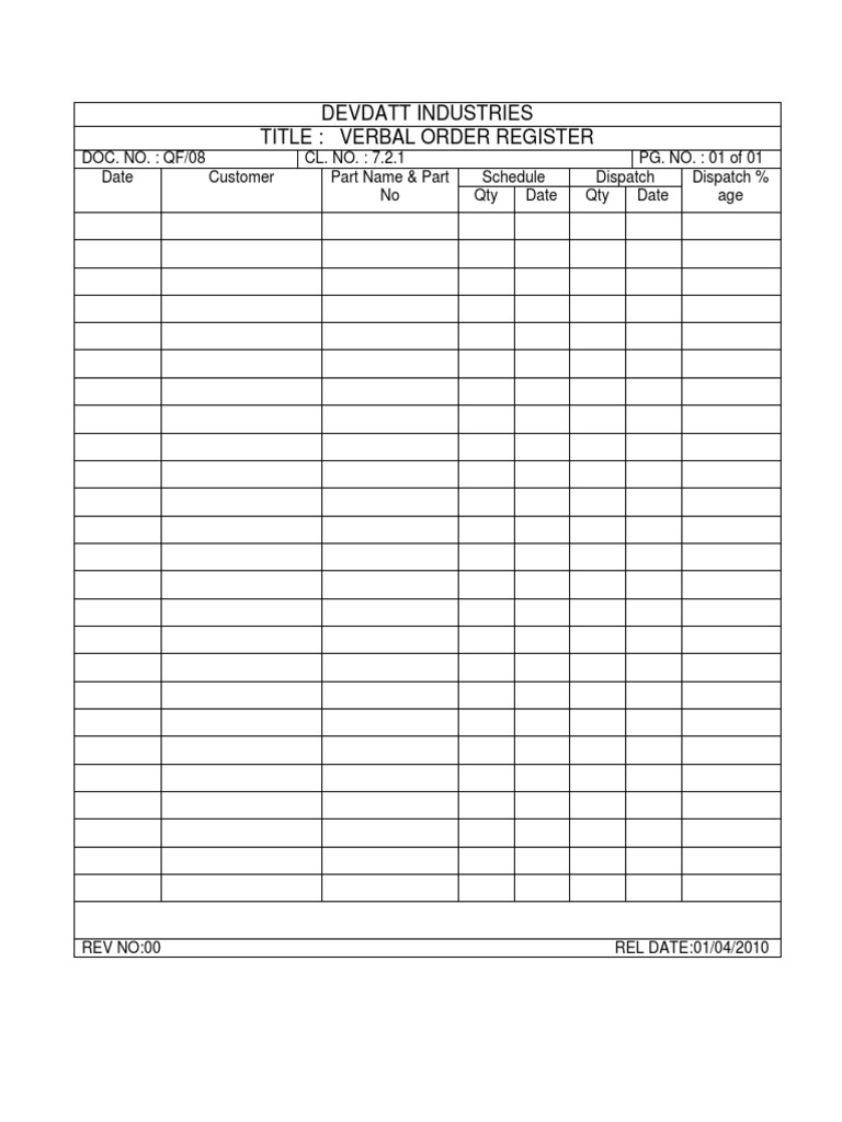 Verbal Order Register Format | PDF