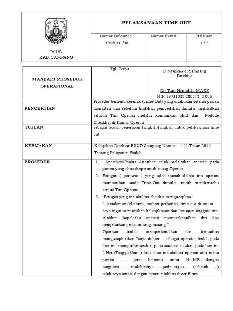 STANDAR PROSEDUR OPERASIONAL PELAKSANAAN TIME OUT | PDF