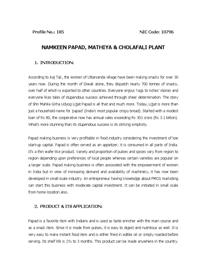 Namkeen Papad, Mathiya & Cholafali Plant: Profile No.: 185 NIC Code ...