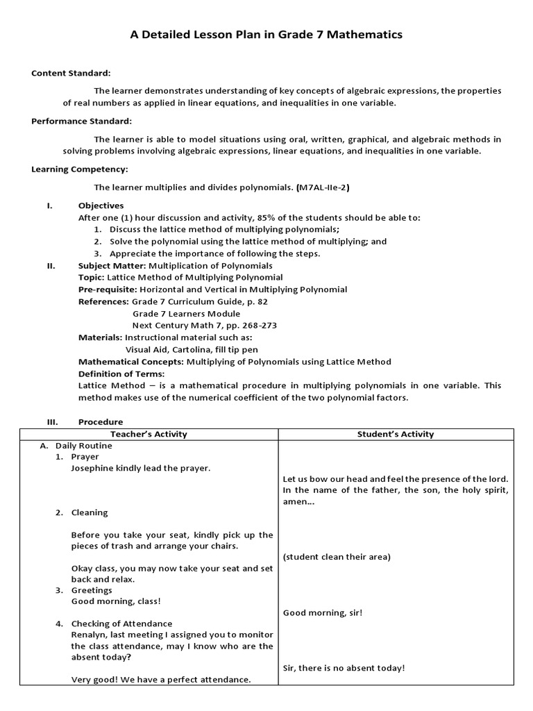 Detailed Lesson Plan in Grade 7 Mathematics | Download Free PDF ...