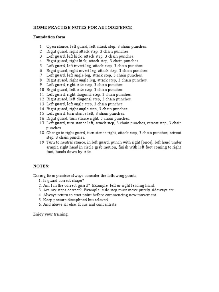 Home Practise Notes For Autodefence Foundation Form | PDF | Lifestyle