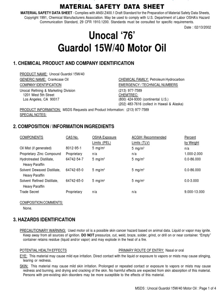 Unocal 76' Guardol 15W/40 Motor Oil: Material Safety Data Sheet | PDF ...