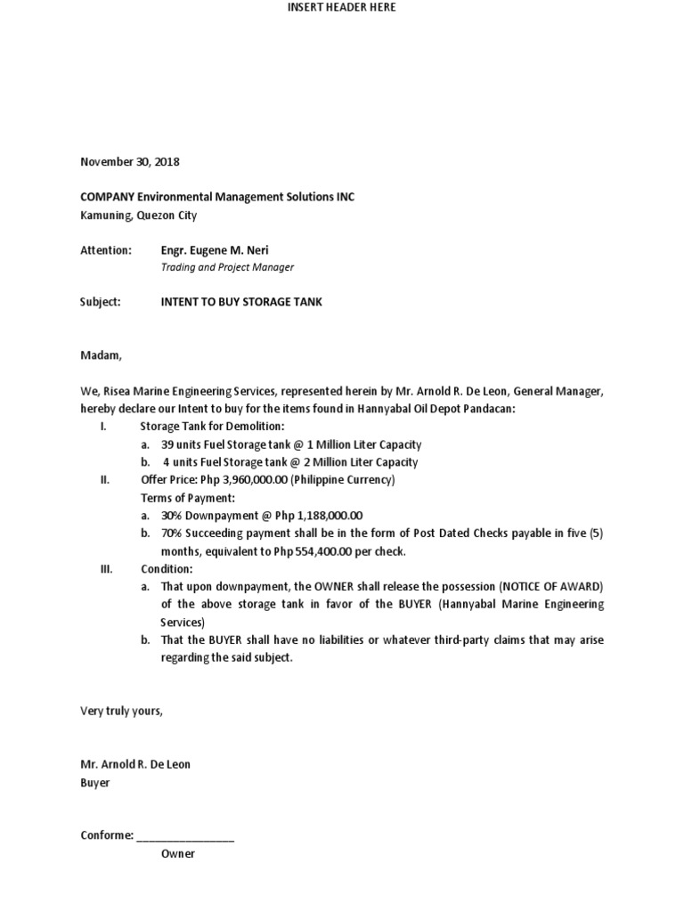 Sample Letter of Intent To Buy Storage Tank | PDF