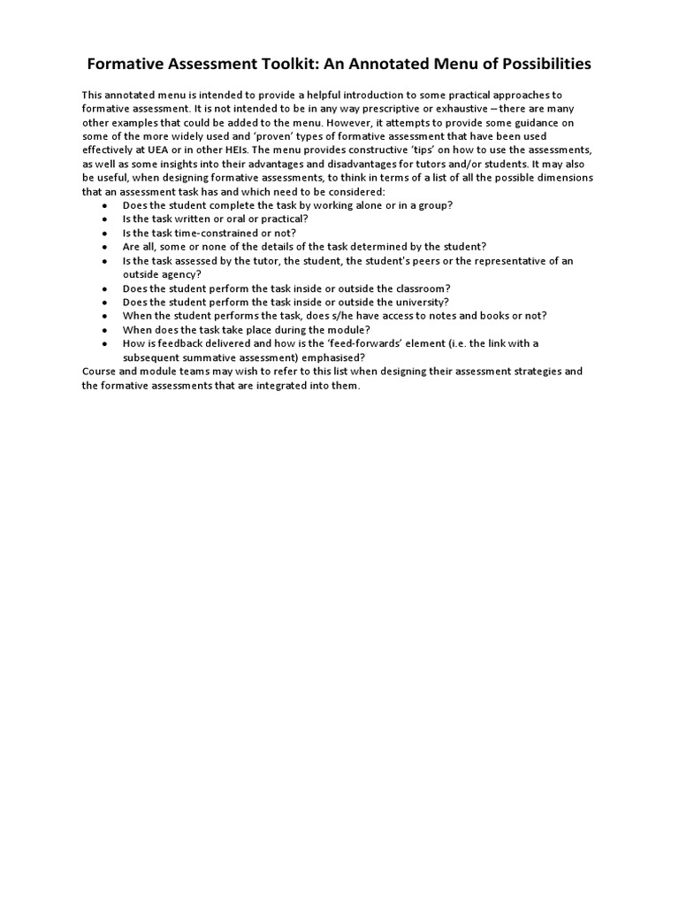 Formative Assessment Toolkit: An Annotated Menu of Possibilities | PDF ...