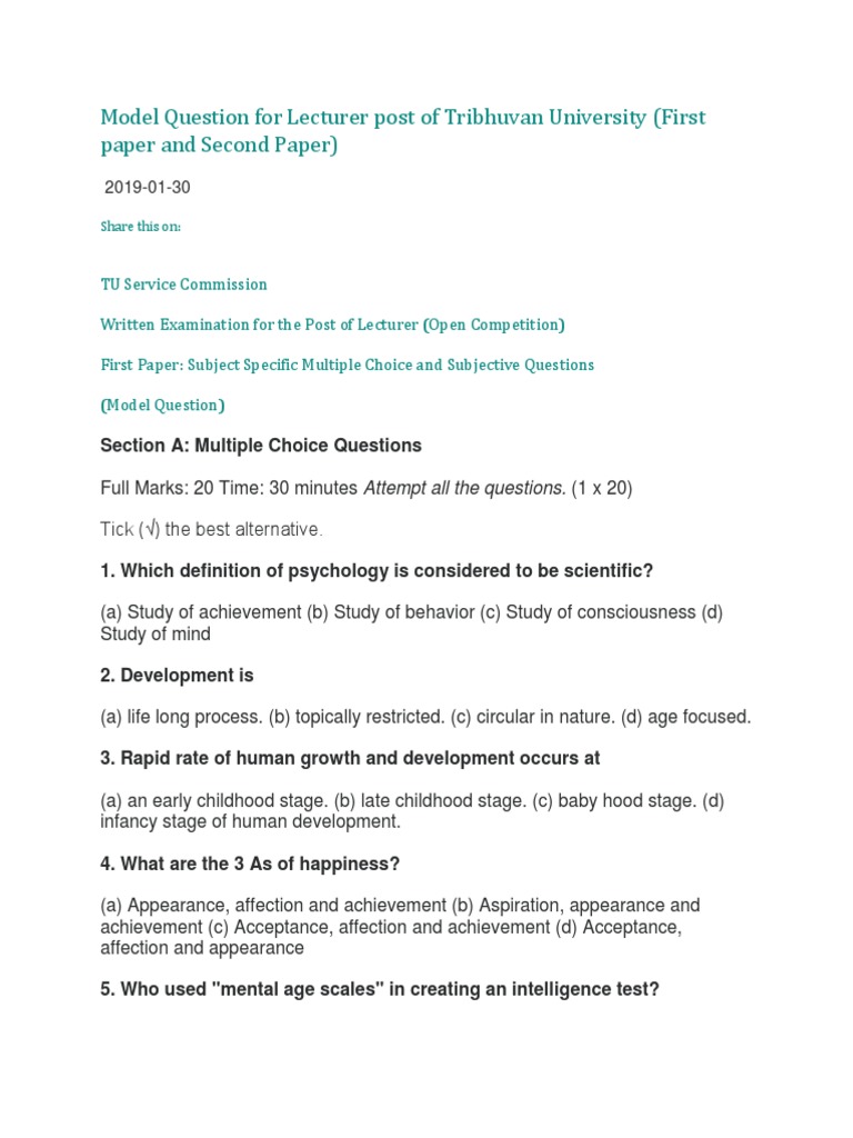 Model Question For Lecturer Post of Tribhuvan University | PDF ...