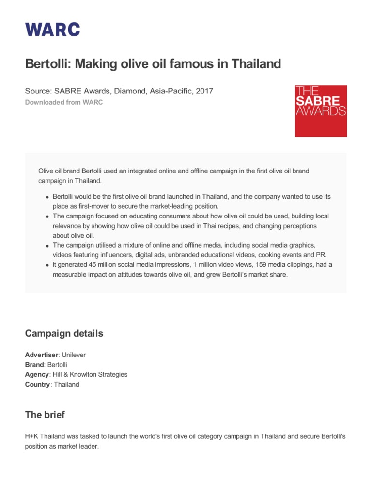 Bertolli Making Olive Oil Famous in Tha | PDF | Social Media | Popular ...