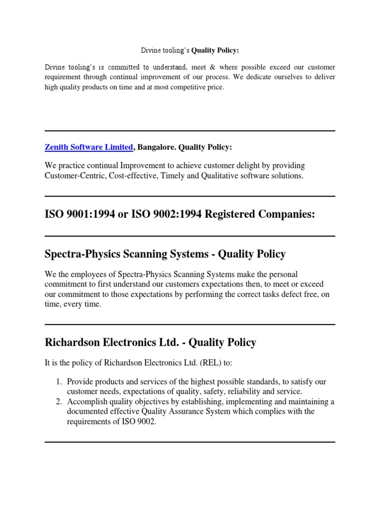 Quality Policy Examples for Companies | PDF | Supply Chain | Goal