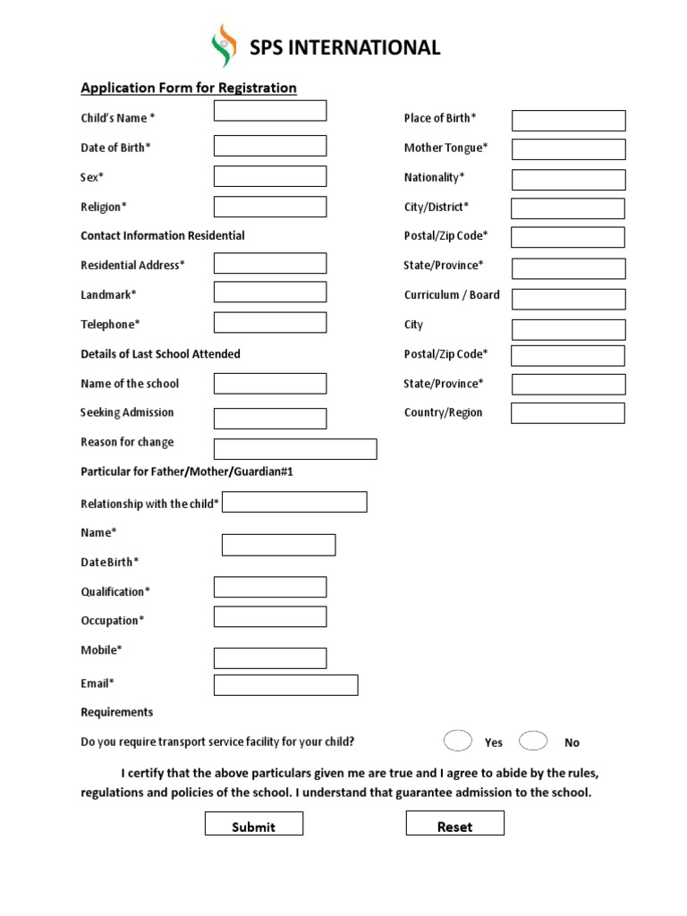 Sps International: Application Form For Registration | PDF