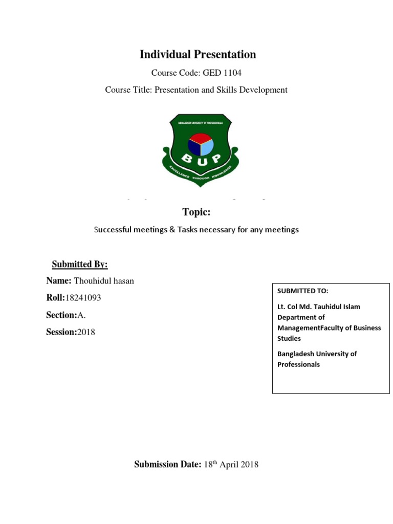 Individual Presentation: Course Code: GED 1104 Course Title ...