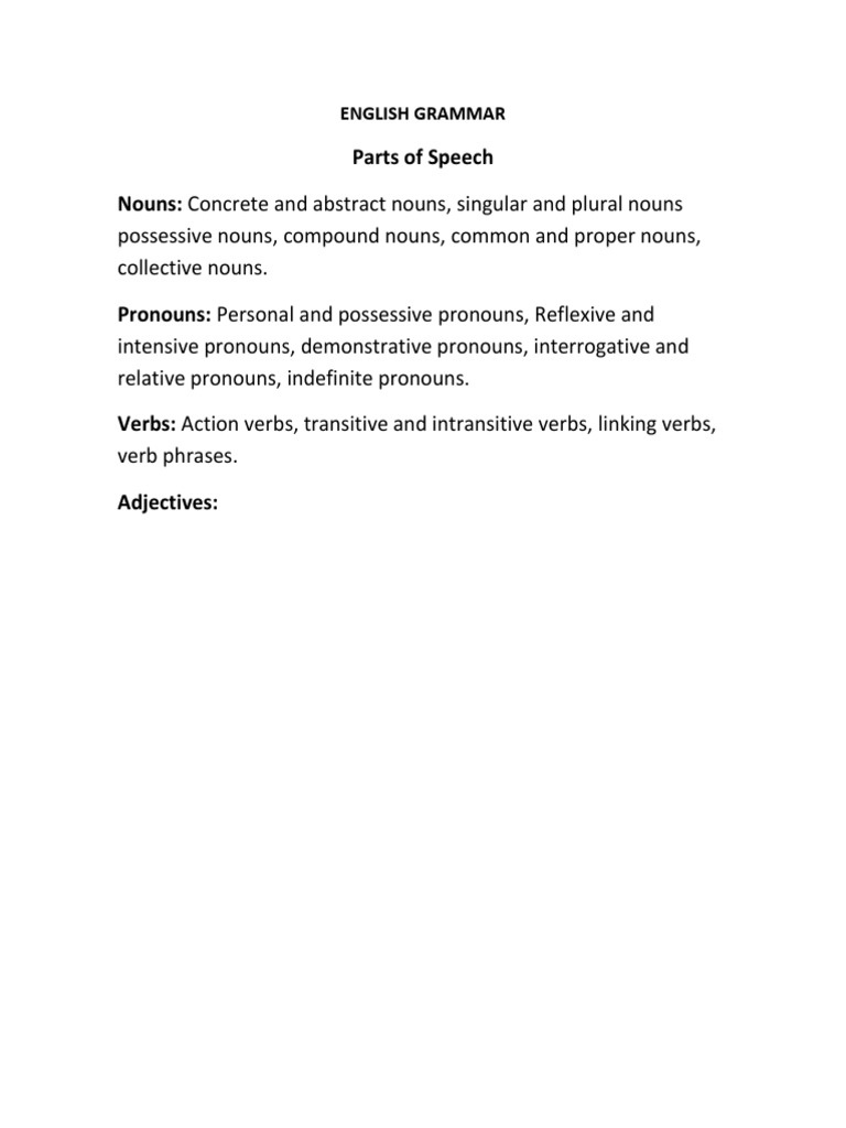 Parts of Speech Nouns: Concrete and Abstract Nouns, Singular and Plural ...