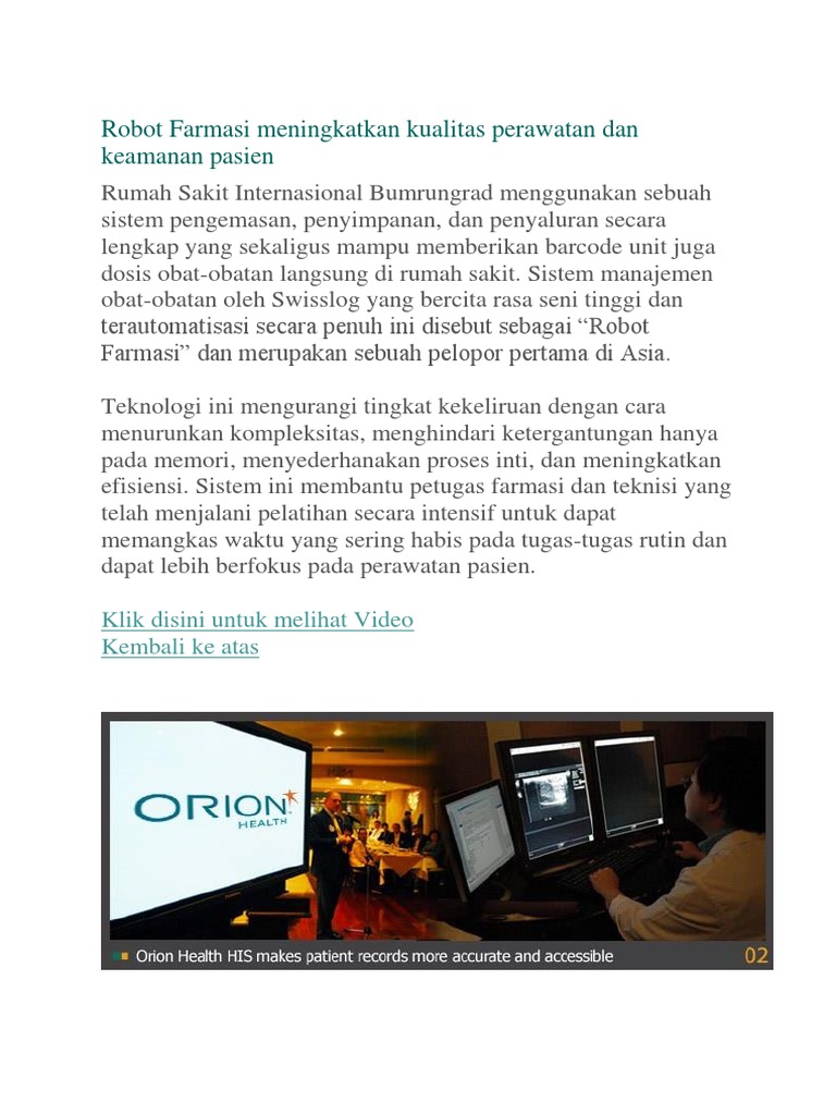 Robot Farmasi Meningkatkan Kualitas Perawatan Dan Keamanan Pasien | PDF
