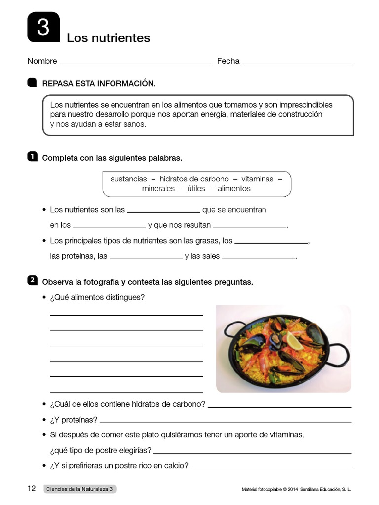 Fichas unidad 3 santillana naturales 3 Prim | Nutrientes | Alimentos