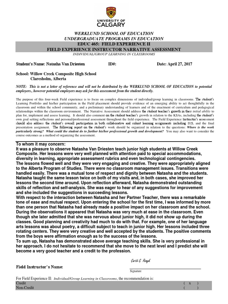 Educ 465 - Instructor Field Assessment Form Winter 2017 | PDF | Educational Assessment | Teachers