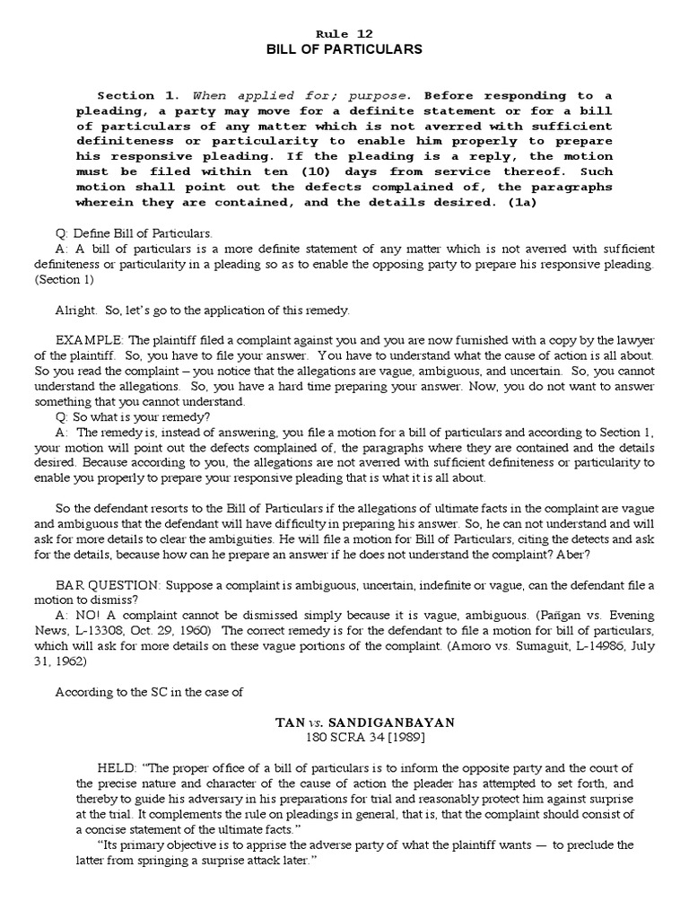 Clarifying the Unclear: Understanding the Purpose and Proper Application of a Motion for Bill of ...