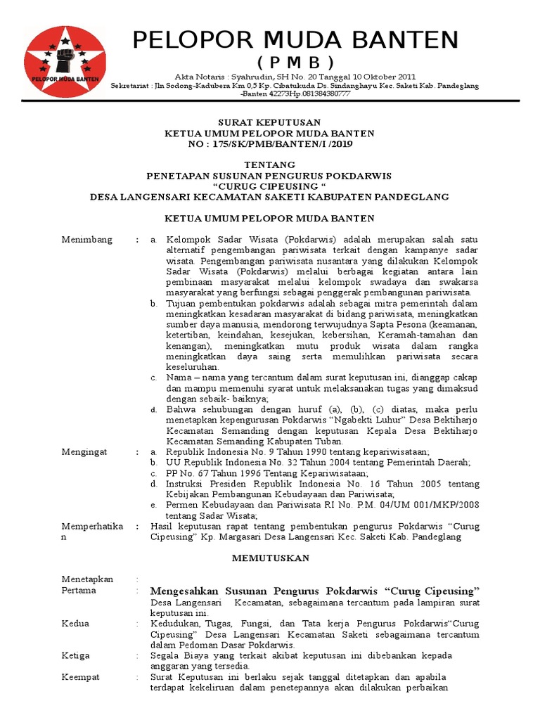 SK Pengukuhan POKDARWIS Ngabekti Luhur | PDF