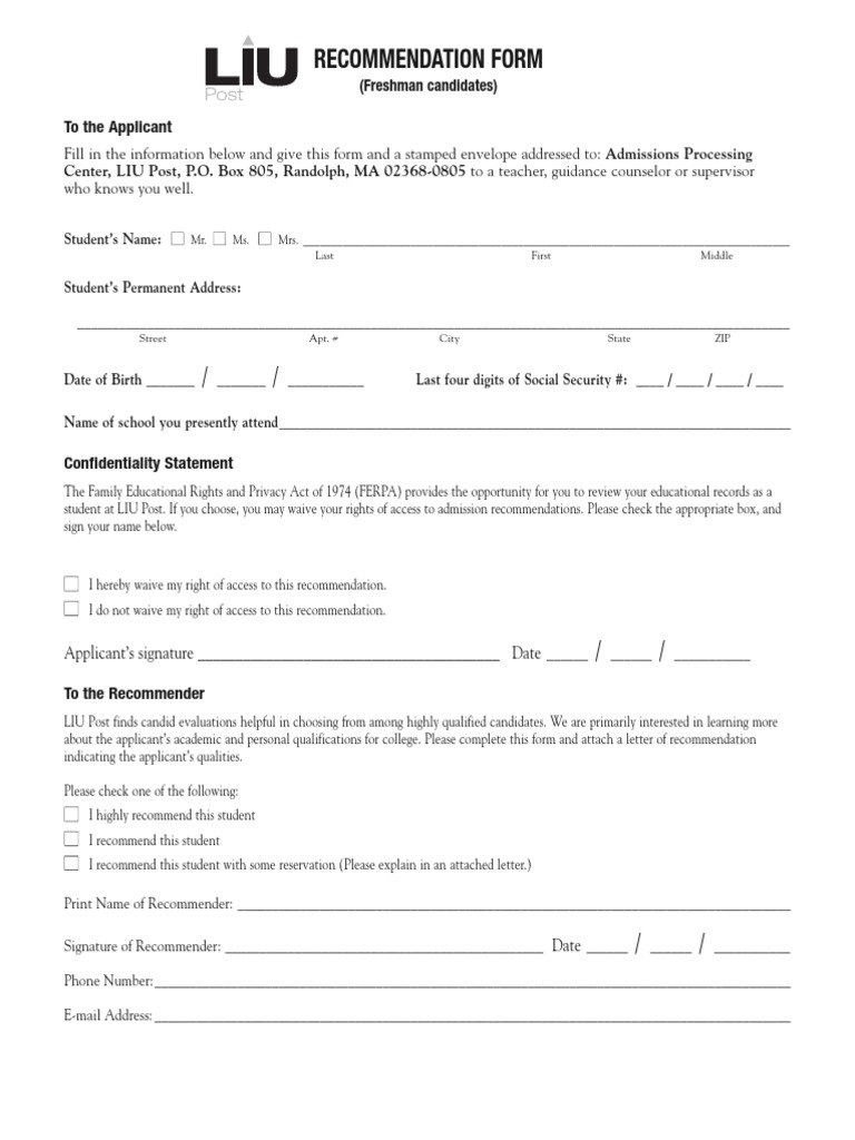 CWP Admis Ugrad Recommend Form | PDF