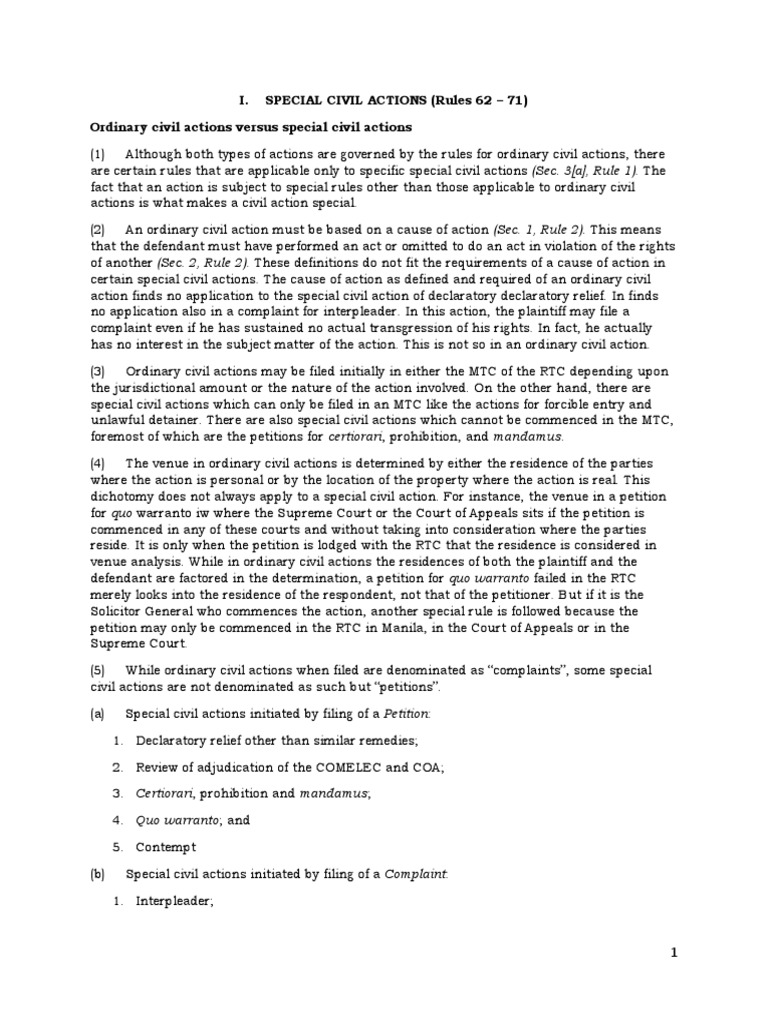 I. Special Civil Actions (Rules 62 - 71) Ordinary Civil Actions Versus ...