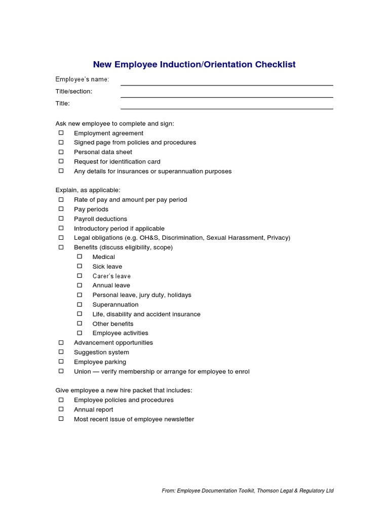 New Employee Induction/Orientation Checklist: From: Employee ...