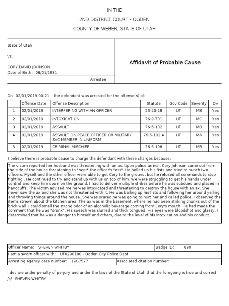 Cory David Johnson Probable Cause Statement | PDF | Deviance (Sociology ...
