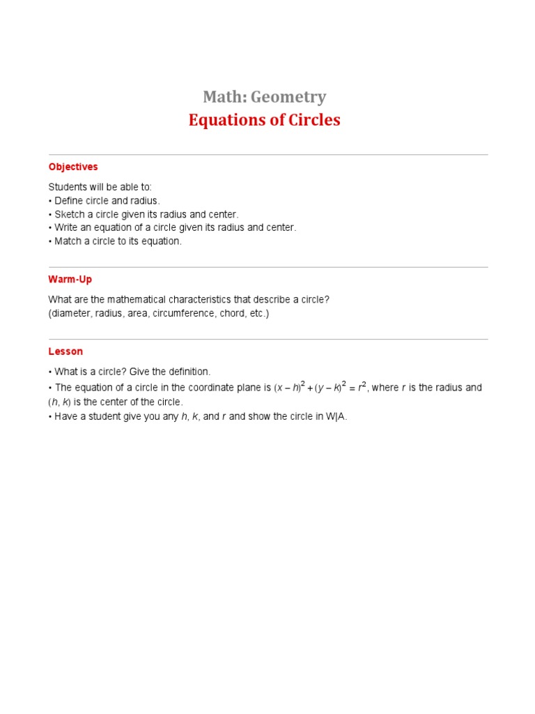 Equations of Circles: Math: Geometry | PDF