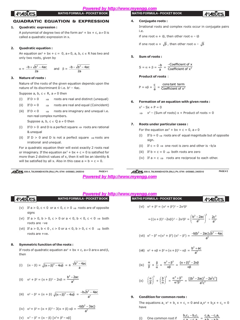 Math Formula Sheet AIEEE | PDF | Quadratic Equation | Zero Of A Function