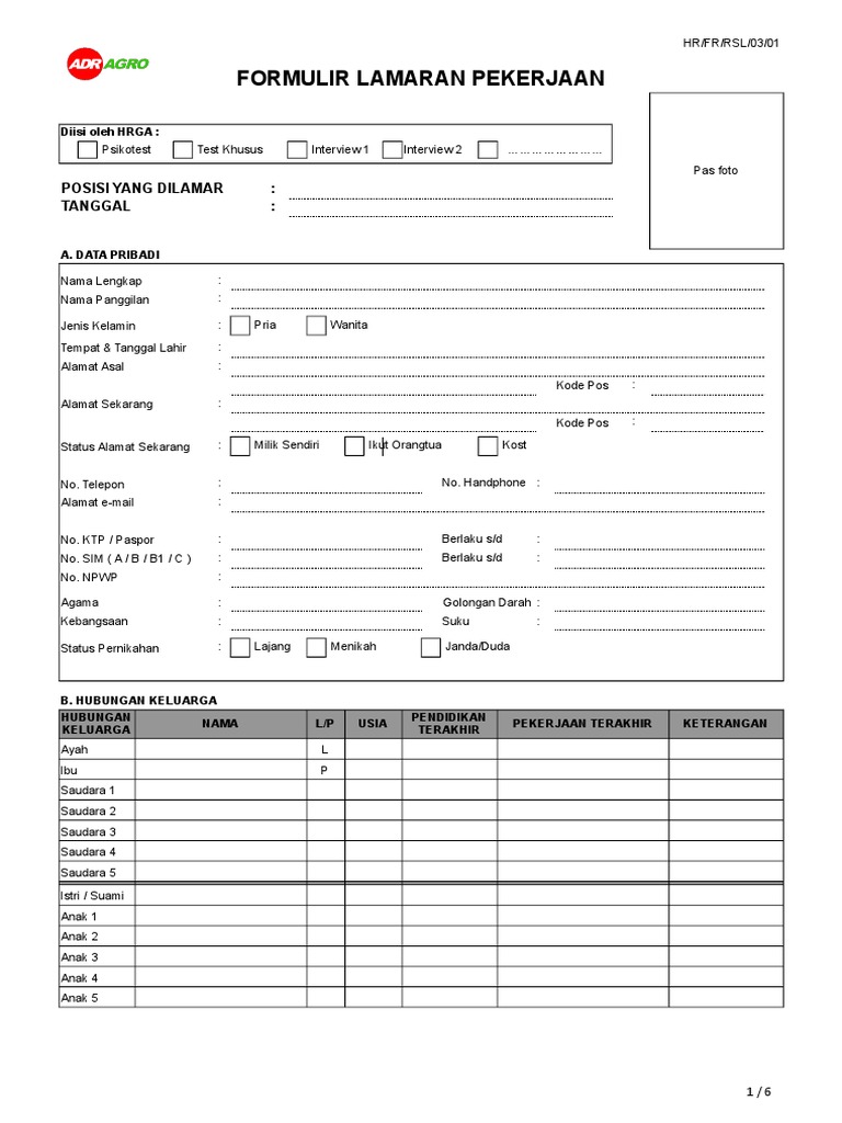 Hr Fr Rsl 03 01 Formulir Lamaran Pekerjaan Pdf