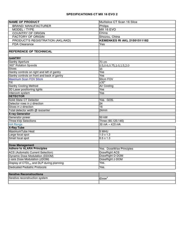 Philips MX 16 EVO CT Scanner Specs | PDF | Ct Scan | Image Scanner