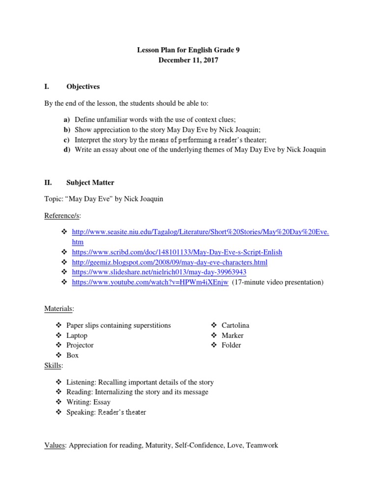 Lesson Plan For English Grade 9 | PDF | Essays | Witchcraft