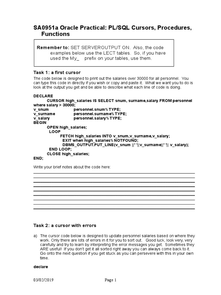SA0951a Oracle Practical: PL/SQL Cursors, Procedures, Functions | PDF | Subroutine | Pl/Sql