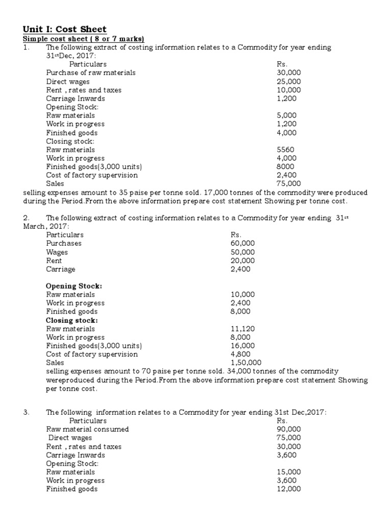 Unit I: Cost Sheet | PDF