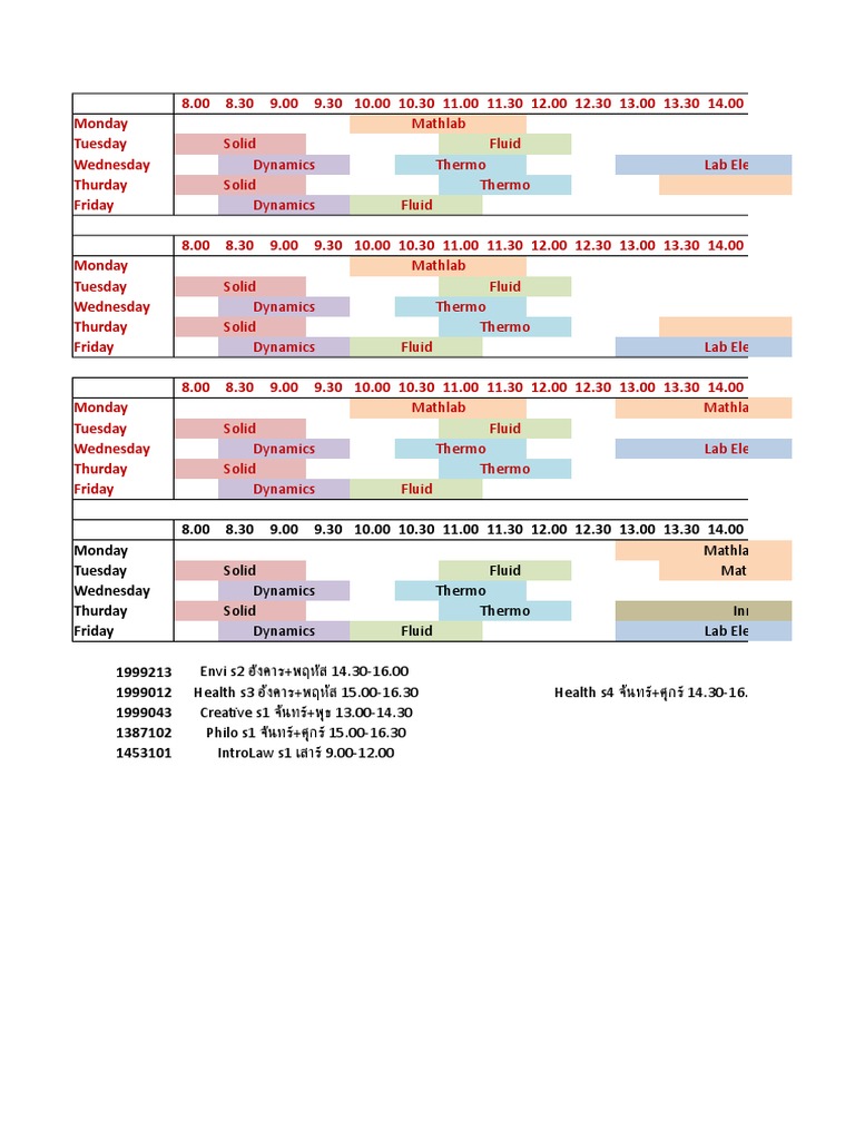 Weekly Class Schedule Overview | PDF | Science & Mathematics