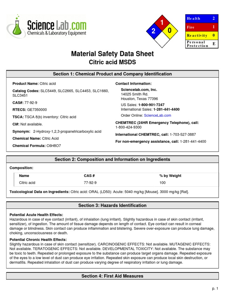 Citric Acid MSDS: Section 1: Chemical Product and Company ...