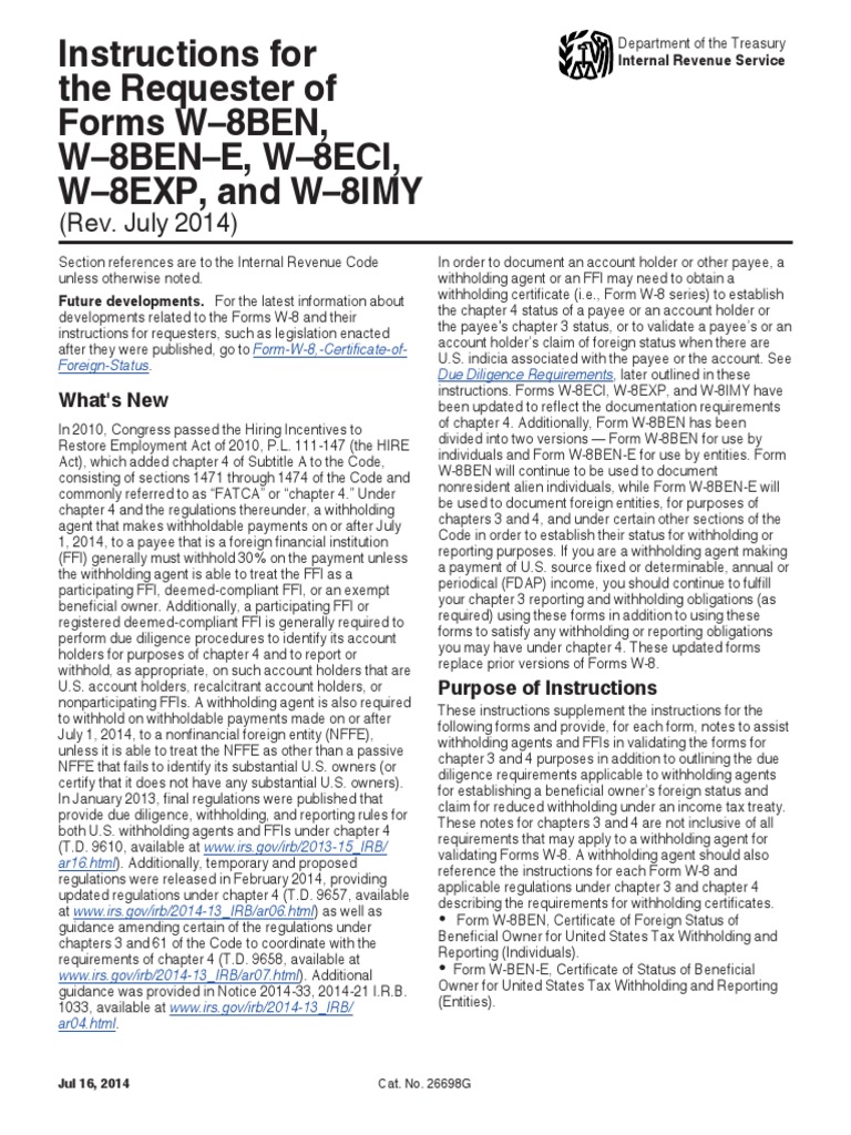 W8 Instructions PDF | Download Free PDF | Irs Tax Forms | Withholding Tax