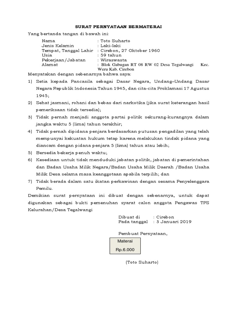 Pak Toto Surat Pernyataan Bermaterai | PDF