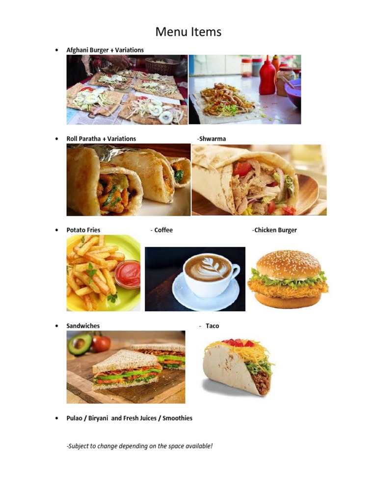 Menu Items: - Subject To Change Depending On The Space Available! | PDF