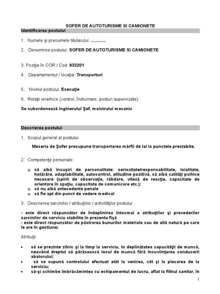 Model Fisa de Post SOFER | PDF