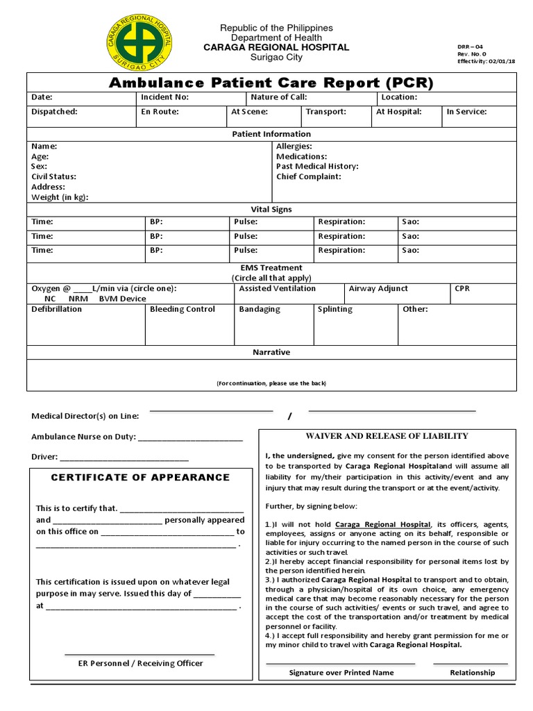 Prehospital Patient Care Report Form