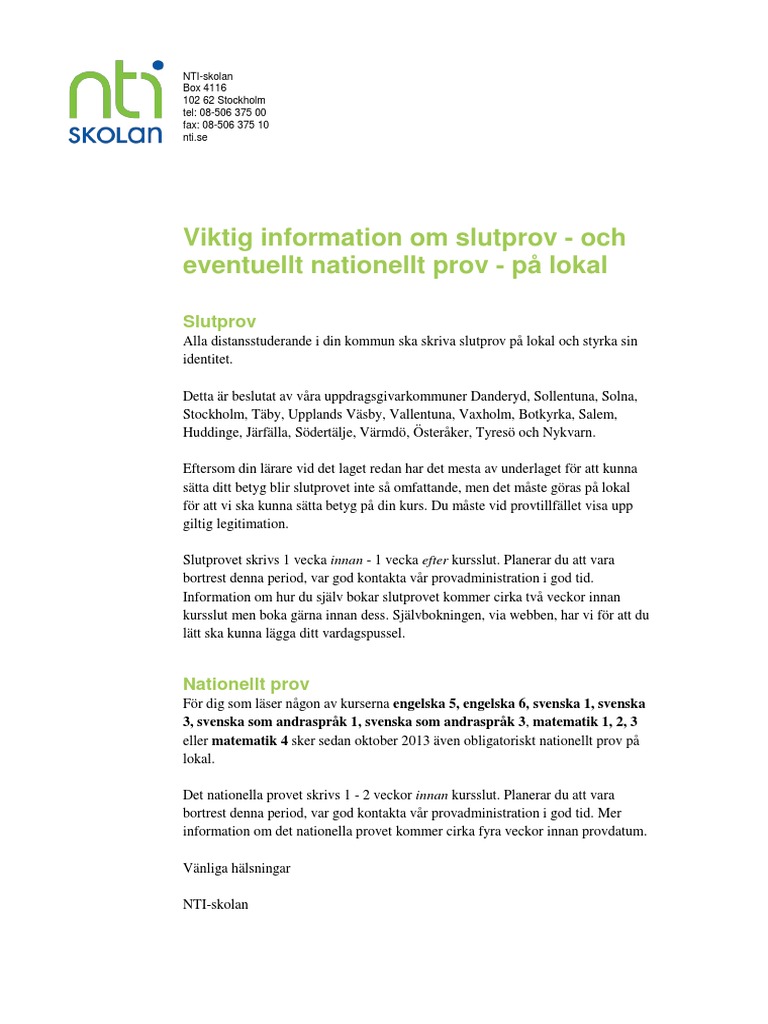 Slutprov Och Nationellt Prov På Lokal | PDF