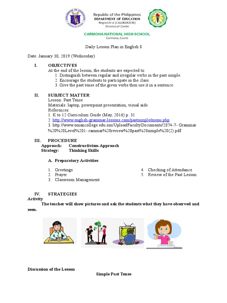 Past Tense Lesson Plan for Grade 8 | PDF | Lesson Plan | Grammatical Tense